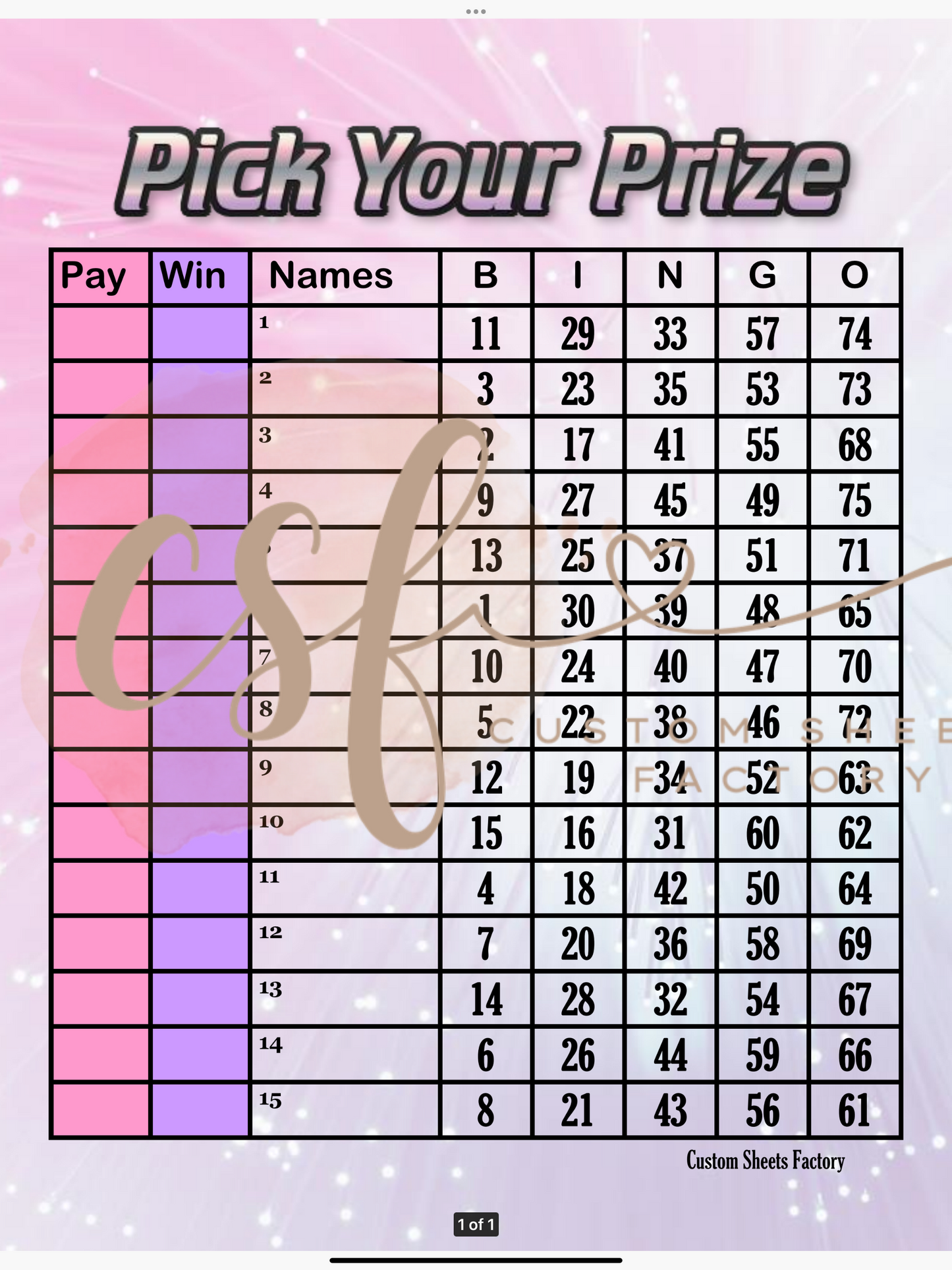 Pick your Prize - Various Designs - 75 ball – Custom Sheets Factory